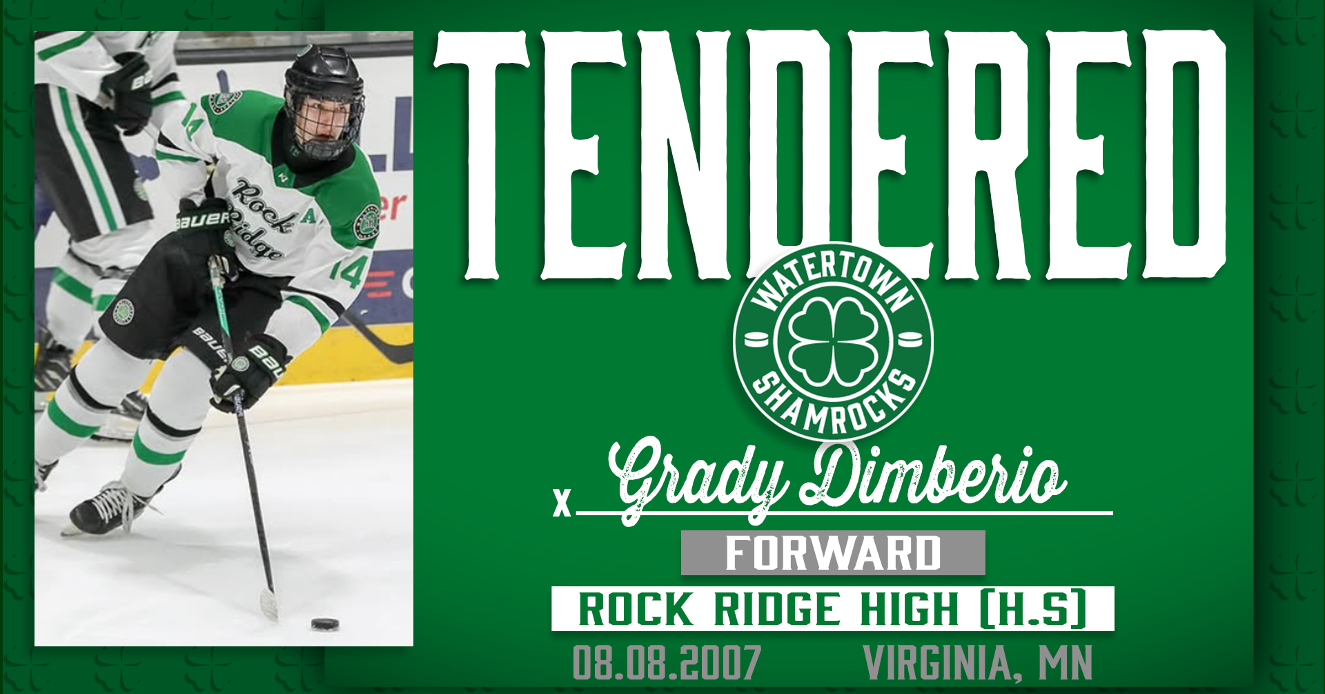 Grady Dimberio Signs Tender Agreement with Shamrocks - Watertown Shamrocks
