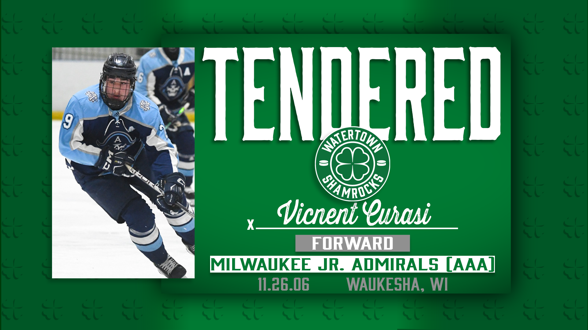Watertown Signs Vincent Curasi to Tender Agreement - Watertown Shamrocks